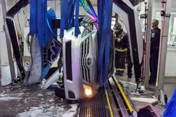 A 77-year-old Driver Crashes And Rolls His Vehicle Inside A Car Wash